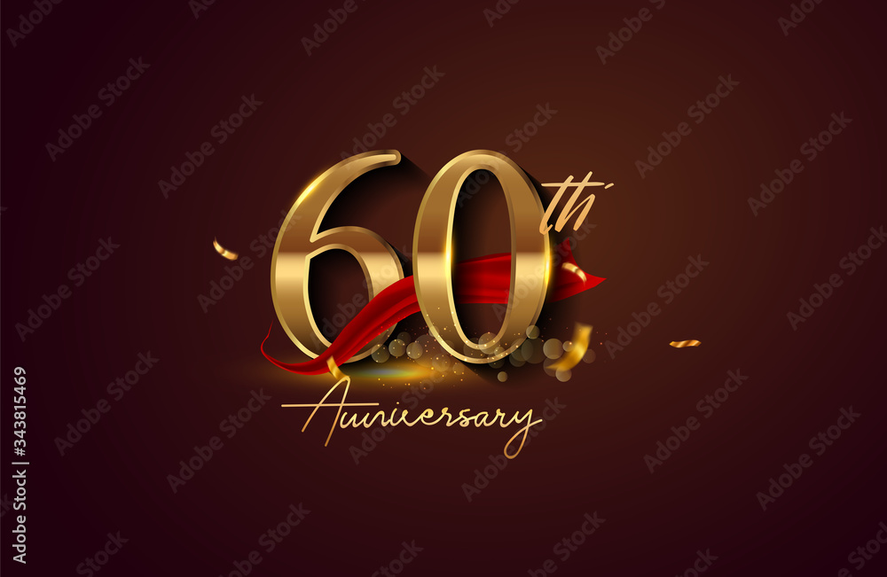 60th anniversary logo with red ribbon and golden confetti isolated on ...