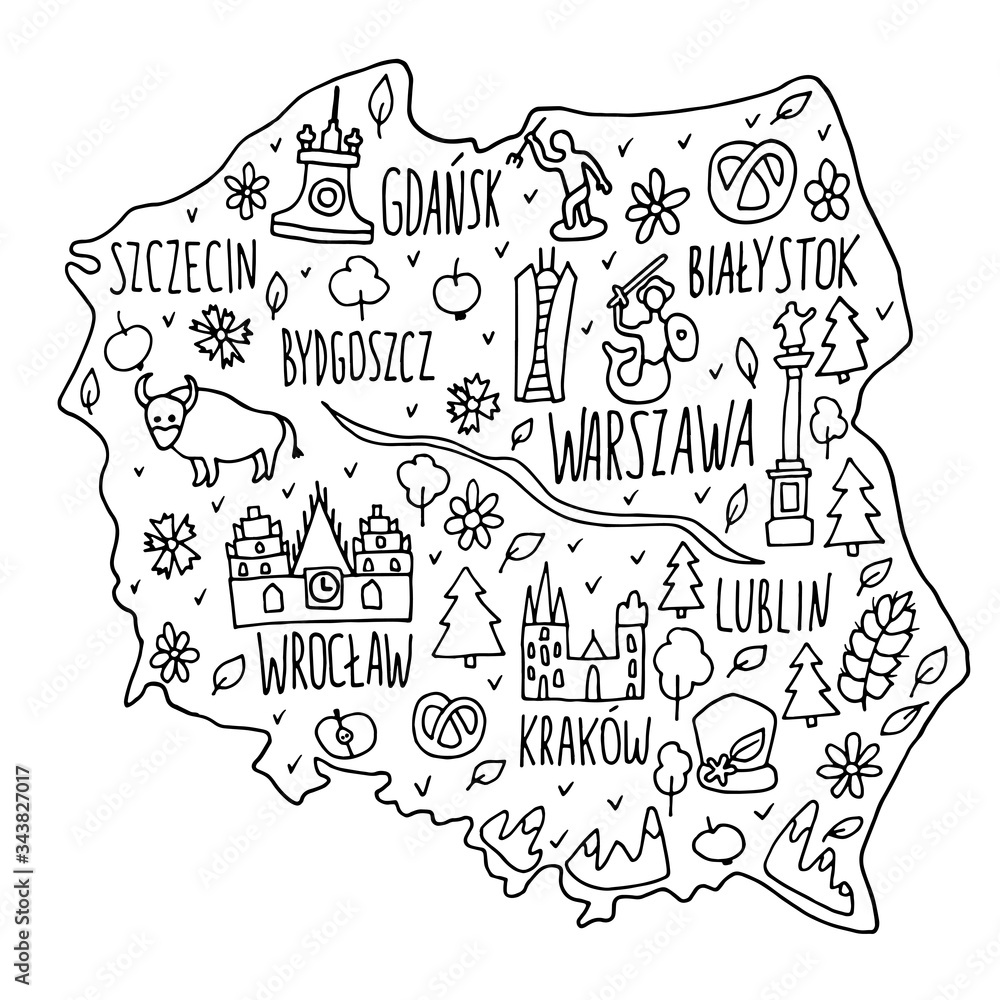 hand drawn doodle Poland map. Polish city names lettering and cartoon ...