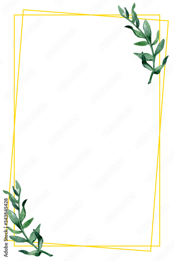 Rectangular golden frame with green botanical branches. Elegant frame ...