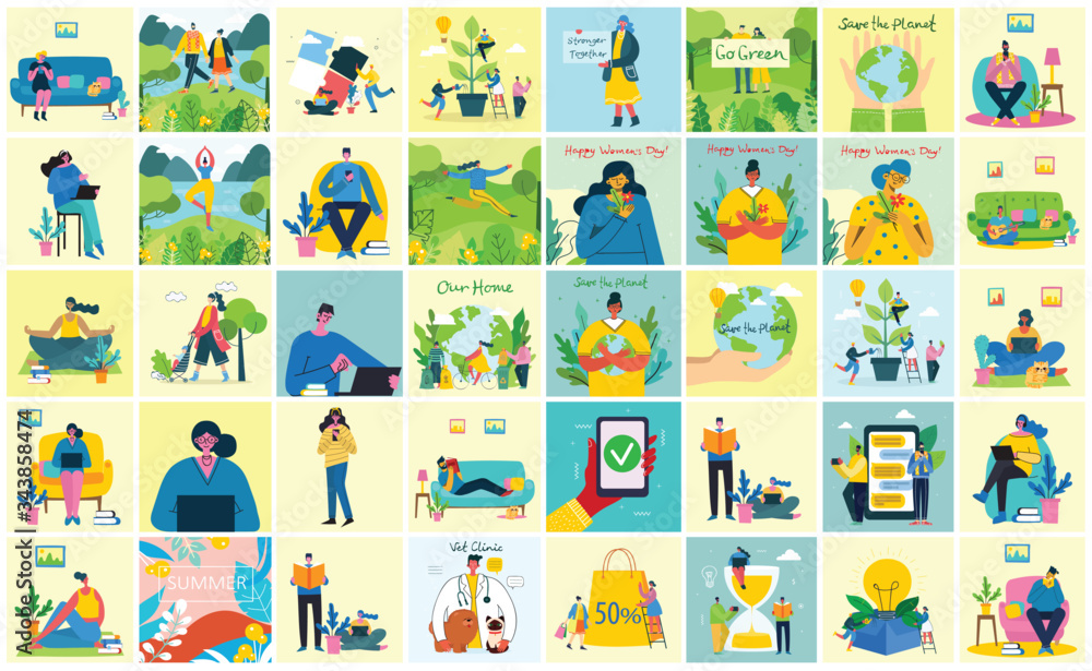 Vector illustration of Connection, Team leader, Online review, Time ...