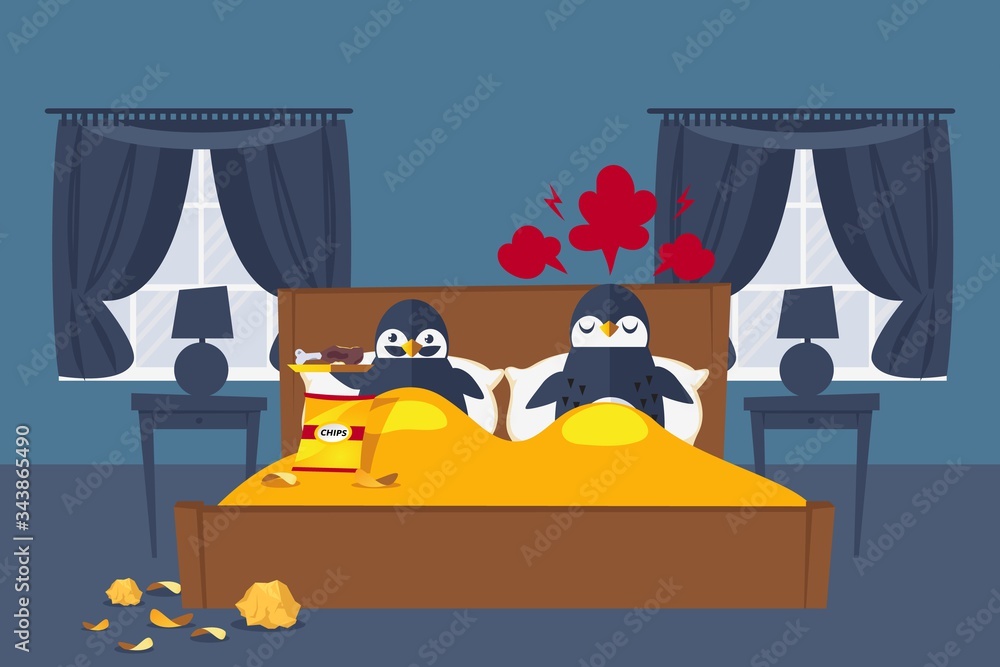 Pair penguins have rest in bedroom, vector illustration. Character with ...