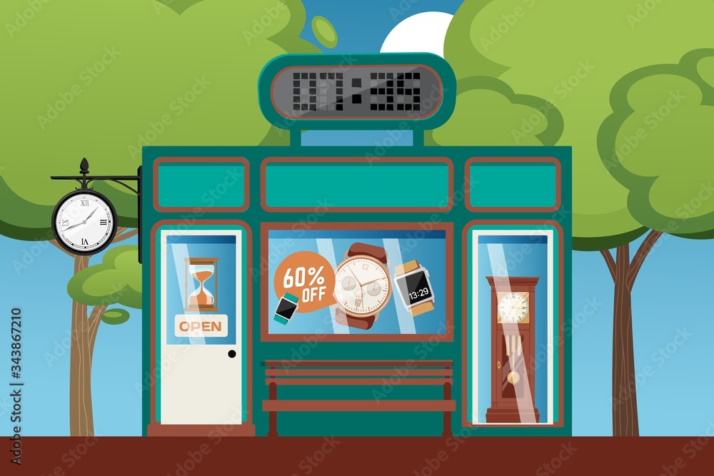 Open clock store, 60 discount vector illustration. Different types ...