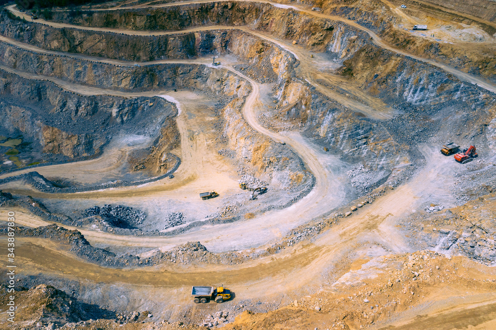 Mining from above. Industrial terraces on open pit mineral mine. Aerial ...