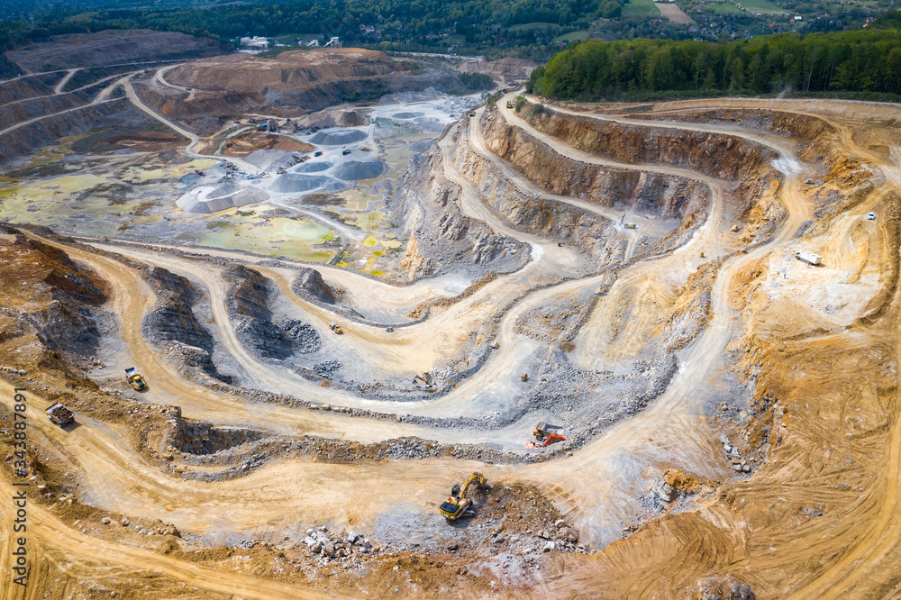 Mining from above. Industrial terraces on open pit mineral mine. Aerial ...