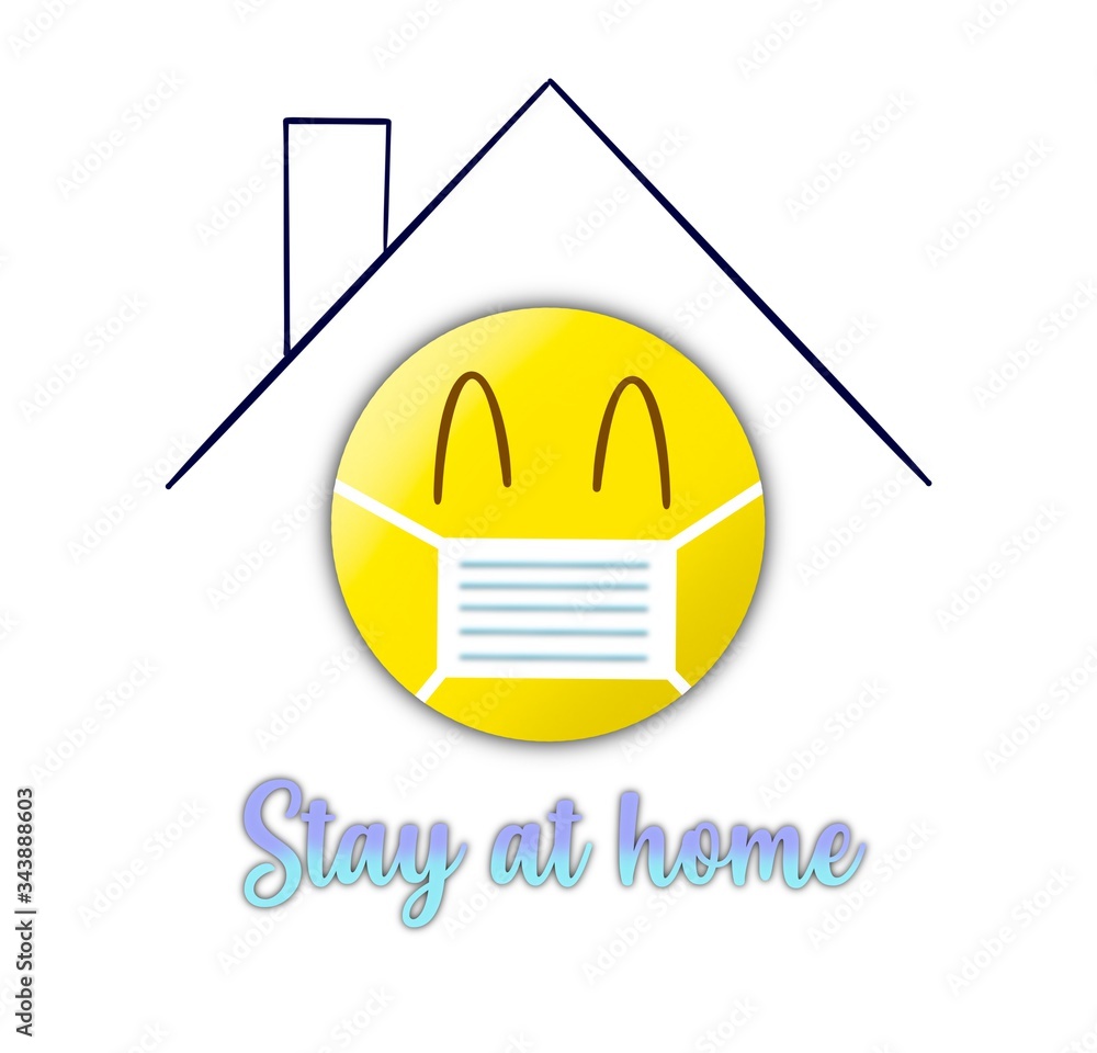 Stay home sticker emoji, House roof with emojis in a medical mask, stay ...