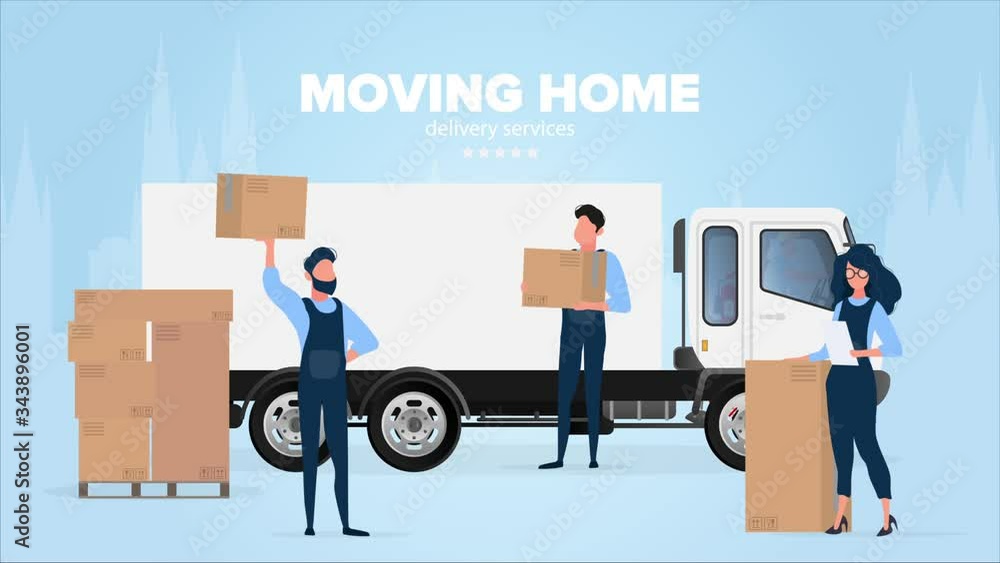 Video Stock Moving home banner. Moving the house to a new place. White ...