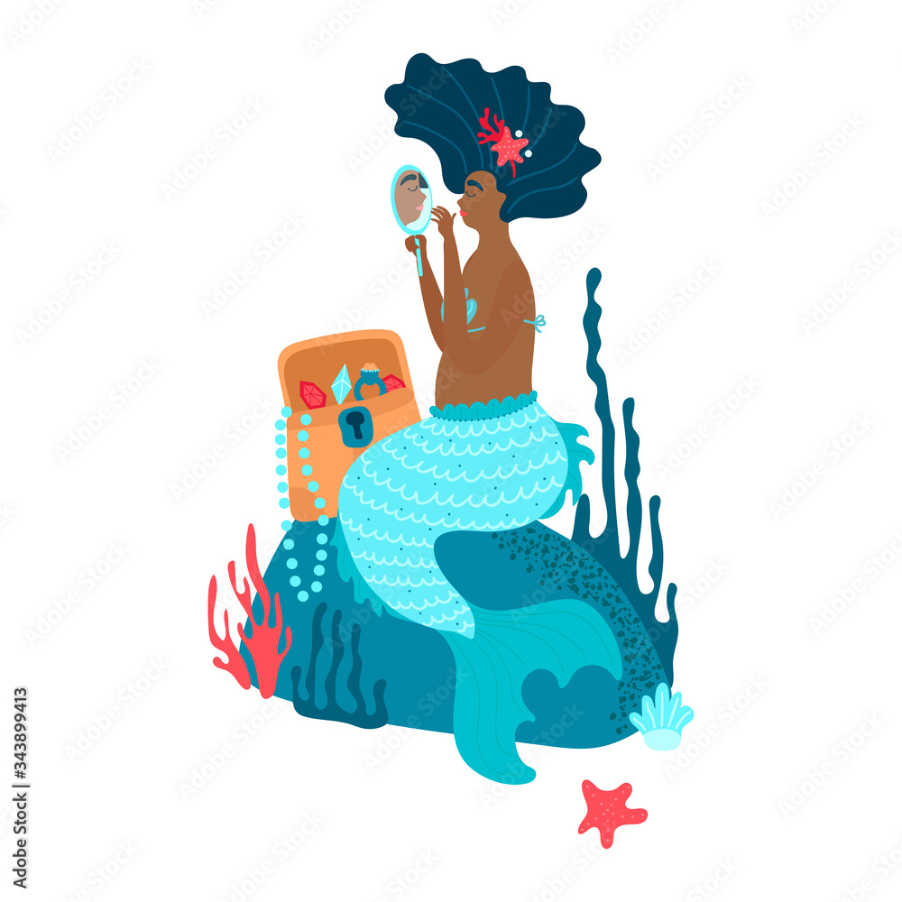 Cartoon characters fantasy mermaid sitting on rock and looks in the ...