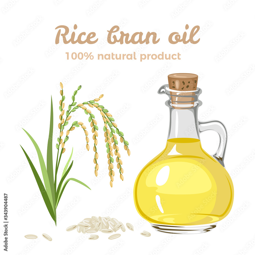 Rice bran oil in glass bottle, ear and grain isolated on white ...