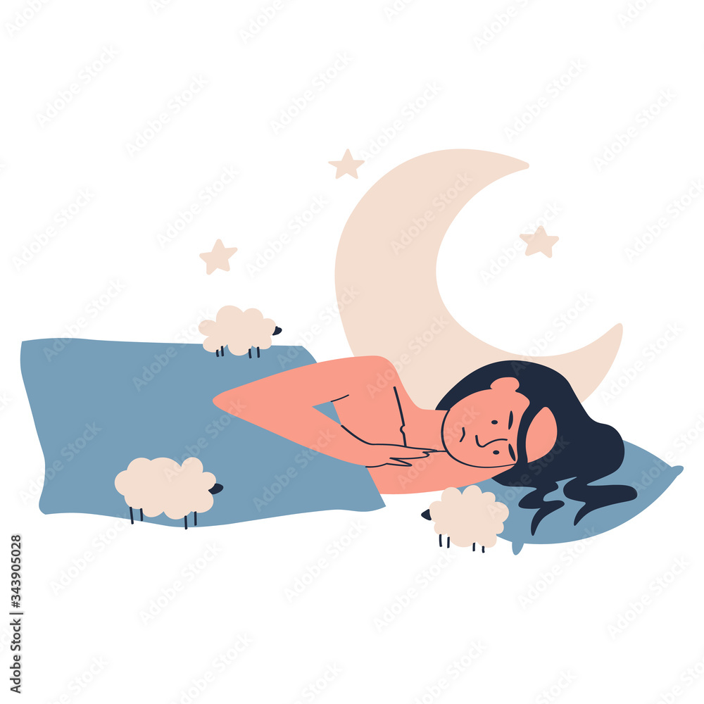 Sad tired sleepy woman lying on bed at home suffers from insomnia night ...