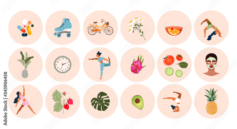 Healthy lifestyle icon set. Big collection of modern hand-drawn vector ...