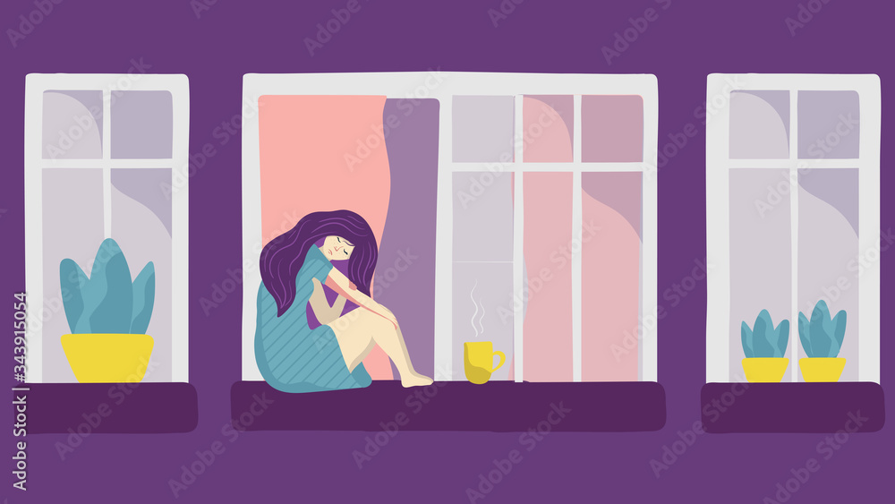 Cartoon sad depression young woman sitting alone home near by window ...