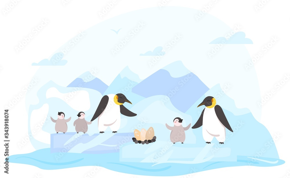 Happy penguin family on ice, cute cartoon characters, vector ...