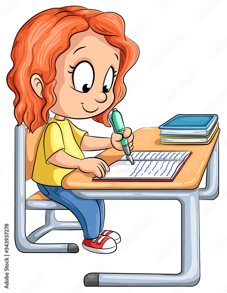 Mädchen am Schultisch schreibt in ein Heft - Vektor-Illustration Stock ...