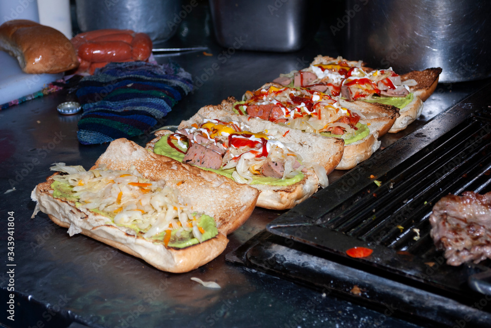 Fast food prepared on the street in Guatemala, Central America, bread ...