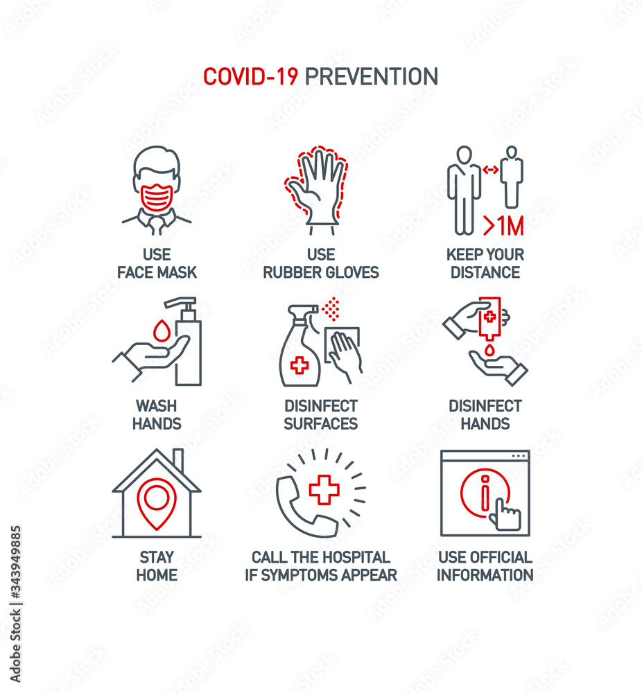 Prevention line icons set isolated on white. outline symbols ...