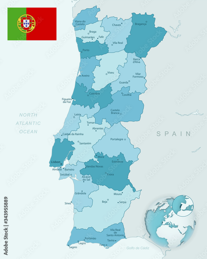 Blue-green detailed map of Portugal administrative divisions with ...