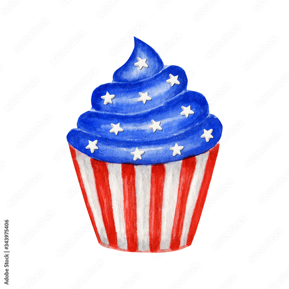 4th of july Watercolor patriotic cupcake in the colors of the USA flag ...