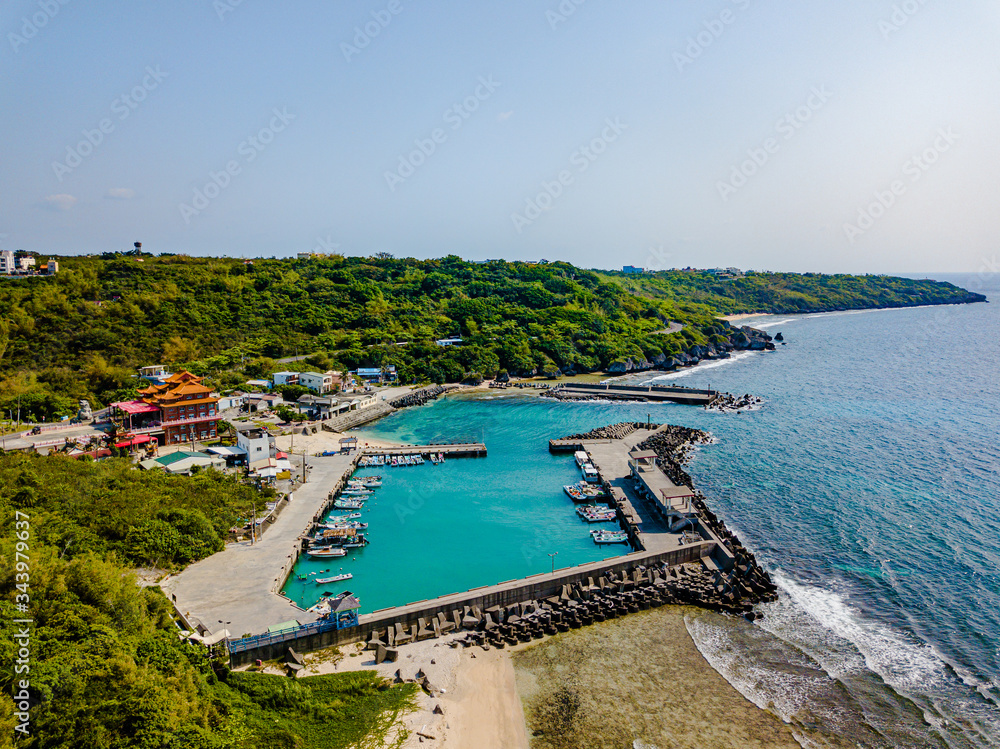 Aerial view of fishing harbor, Little Liuqiu Island, Lambai Island ...