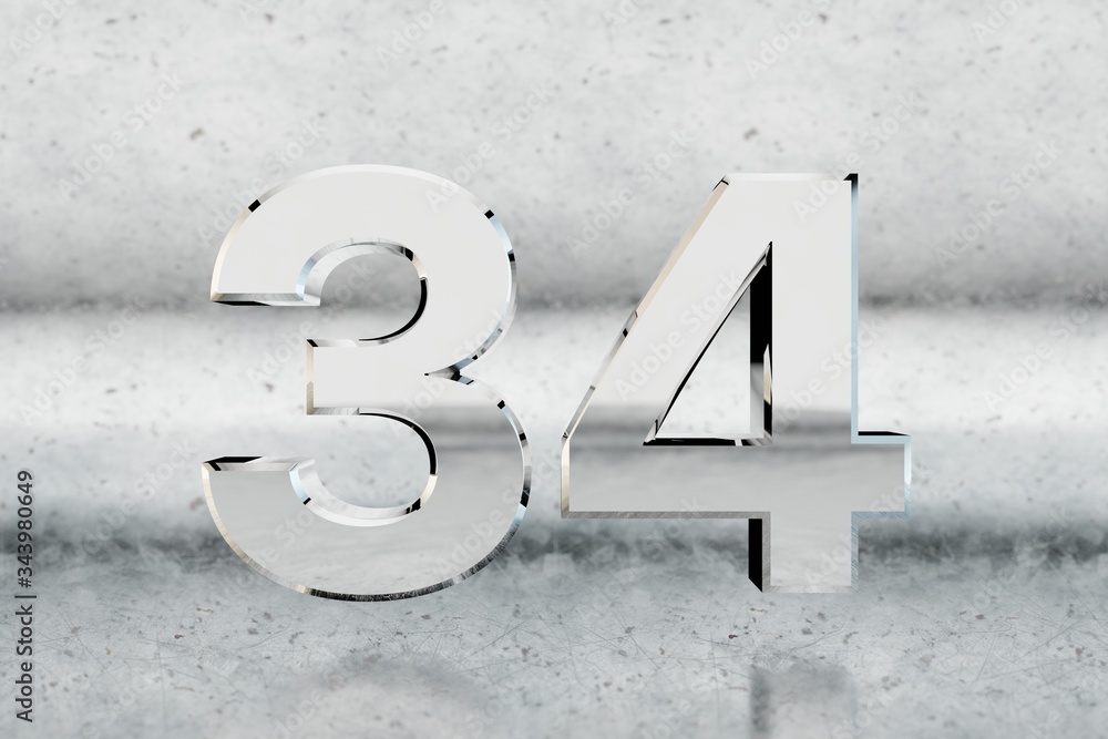 Chrome 3d number 34. Glossy chrome number on scratched metal background ...