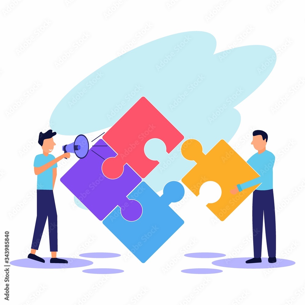 The business concept of team metaphors. 2 people connecting the puzzle ...
