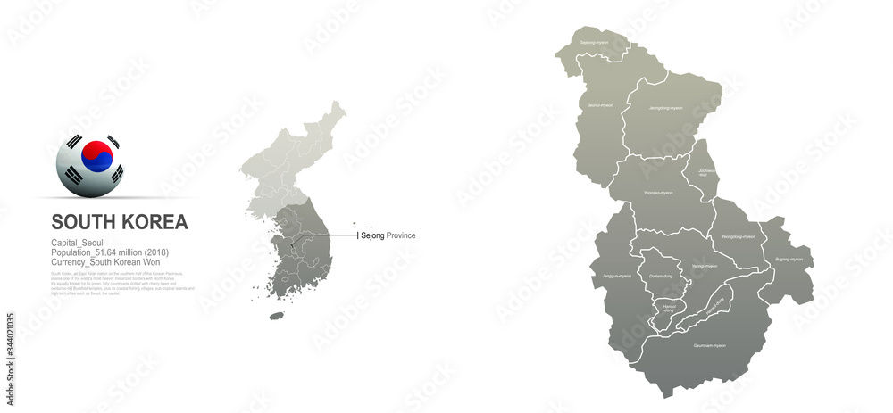 sejong map. detailed south korea city, provinces vector map series ...