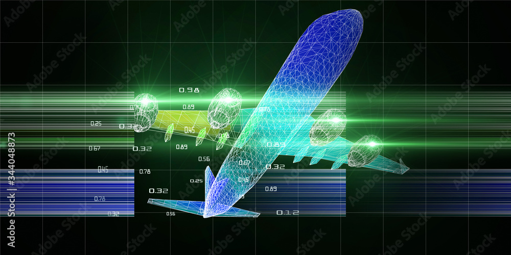 Abstract digital 3d grid airplane with blurred lines on black ...