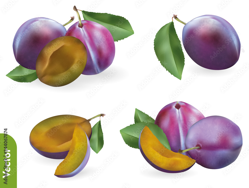 Set of ripe plums, whole and split, half and piece with green leaves on ...