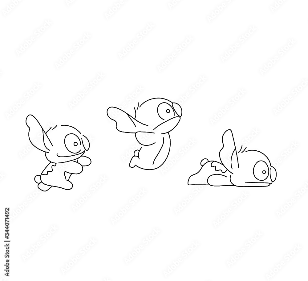 Stitch contour vector clip art. Coloring page. Cartoon sketch. Jump and ...