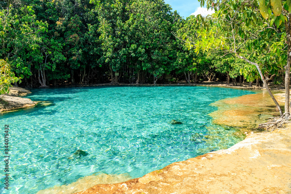 Beautiful crystal clear Emerald Pool, or Sa Morakot, famous natural ...