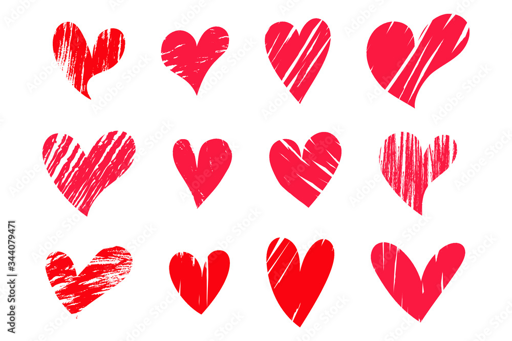 Vector red Heart shape frame with brush. Heart hand drawn icons set isolated on white background ...