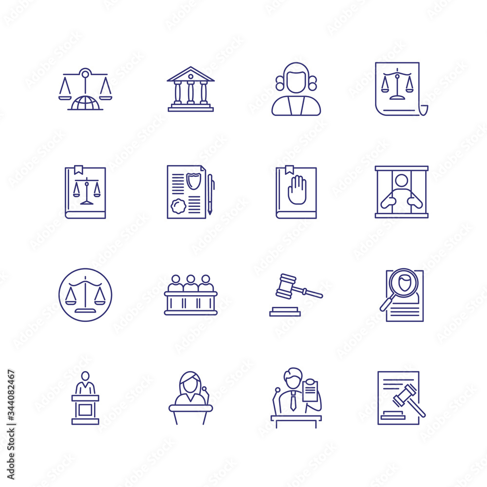 Jurisdiction line icon set. Courthouse, judge gavel, scale. Law concept ...