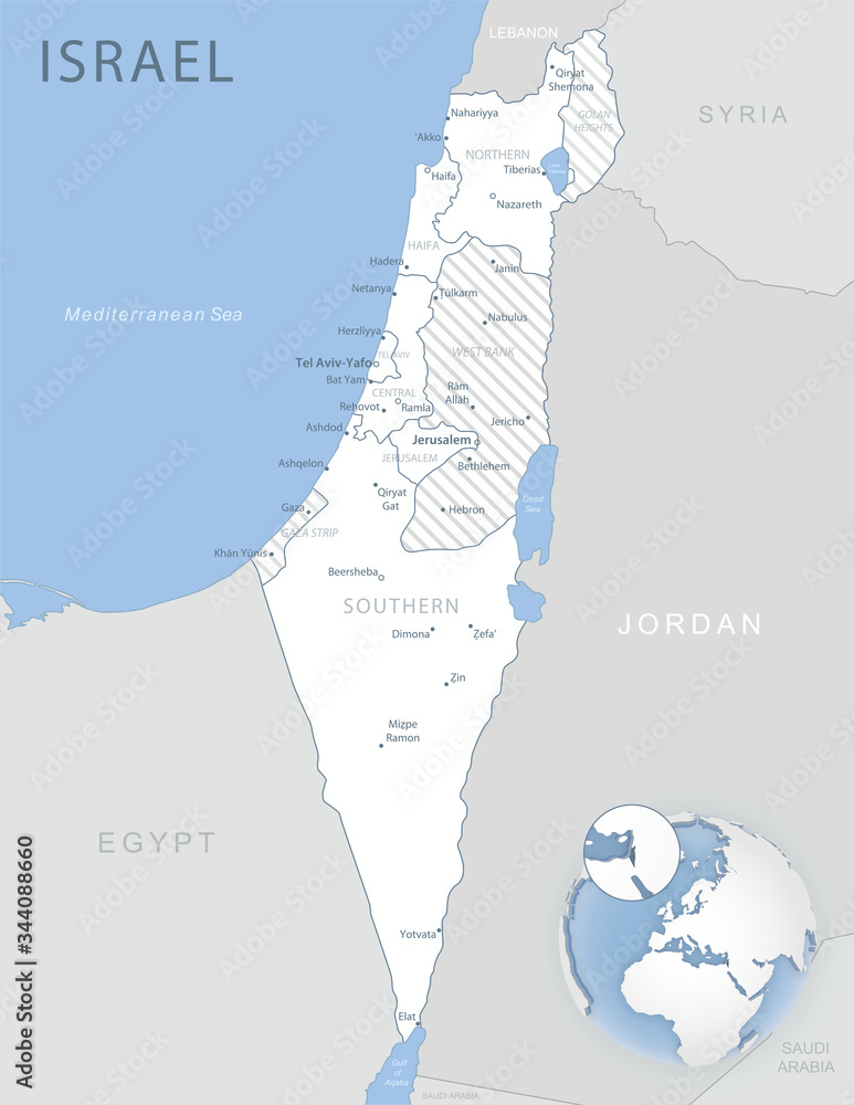 Blue-gray detailed map of Israel and administrative divisions and ...