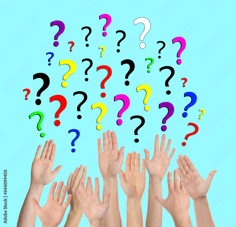 Collage of people raising hands and question marks on turquoise ...