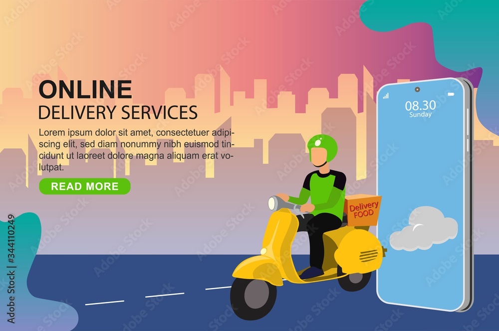 Flat vector concept illustration. Man delivery packaging box to ...