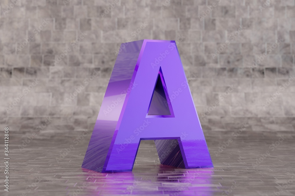 Violet 3d letter A uppercase. Glossy indigo letter on tile background ...