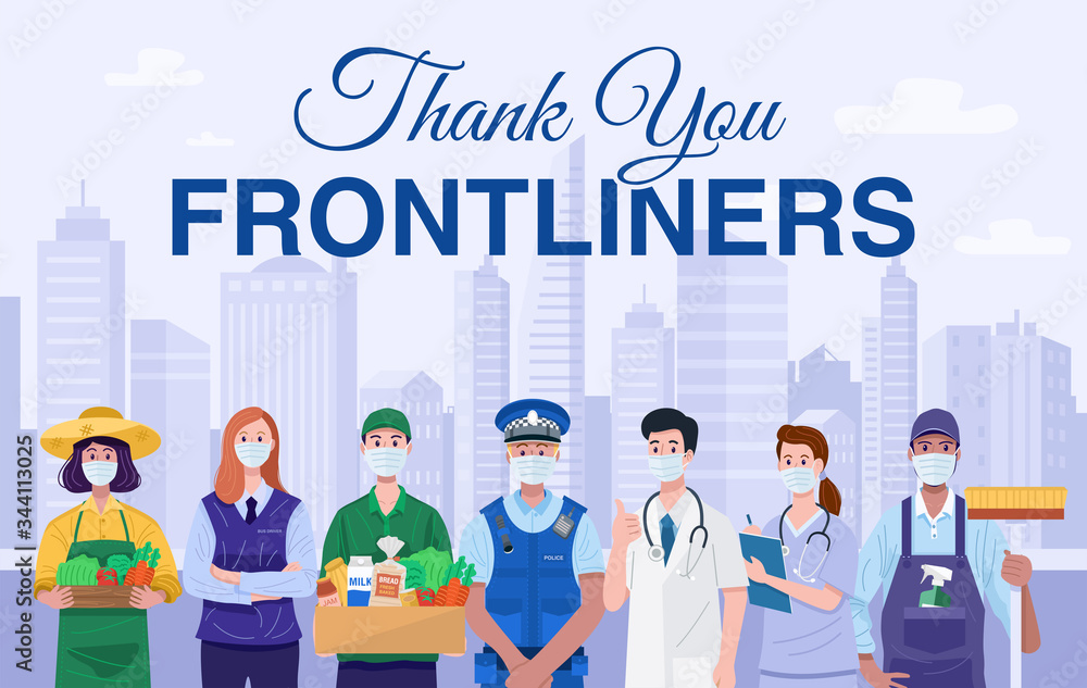 Thank You Frontliners Concept. Various occupations people wearing face ...
