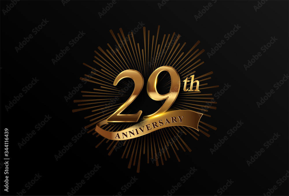 29th anniversary logotype with fireworks and golden ribbon, isolated on ...