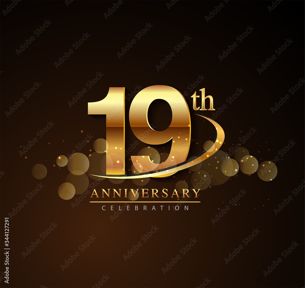 19th golden anniversary logo with swoosh and sparkle golden colored ...