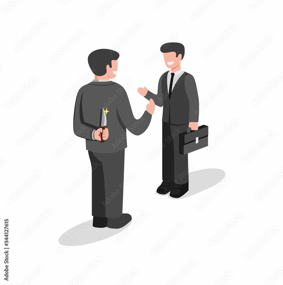 two business man standing and but first one holding knife behind back ...