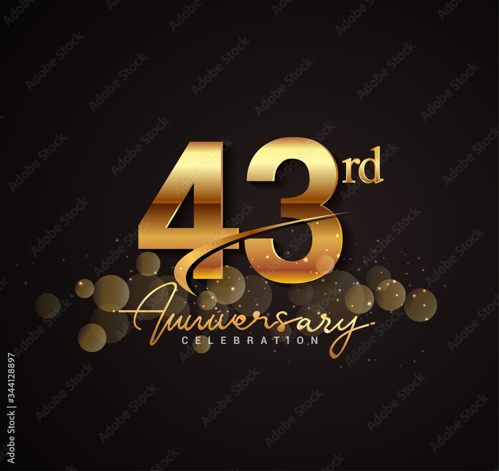 43rd golden anniversary logo with swoosh and sparkle golden colored isolated on elegant ...