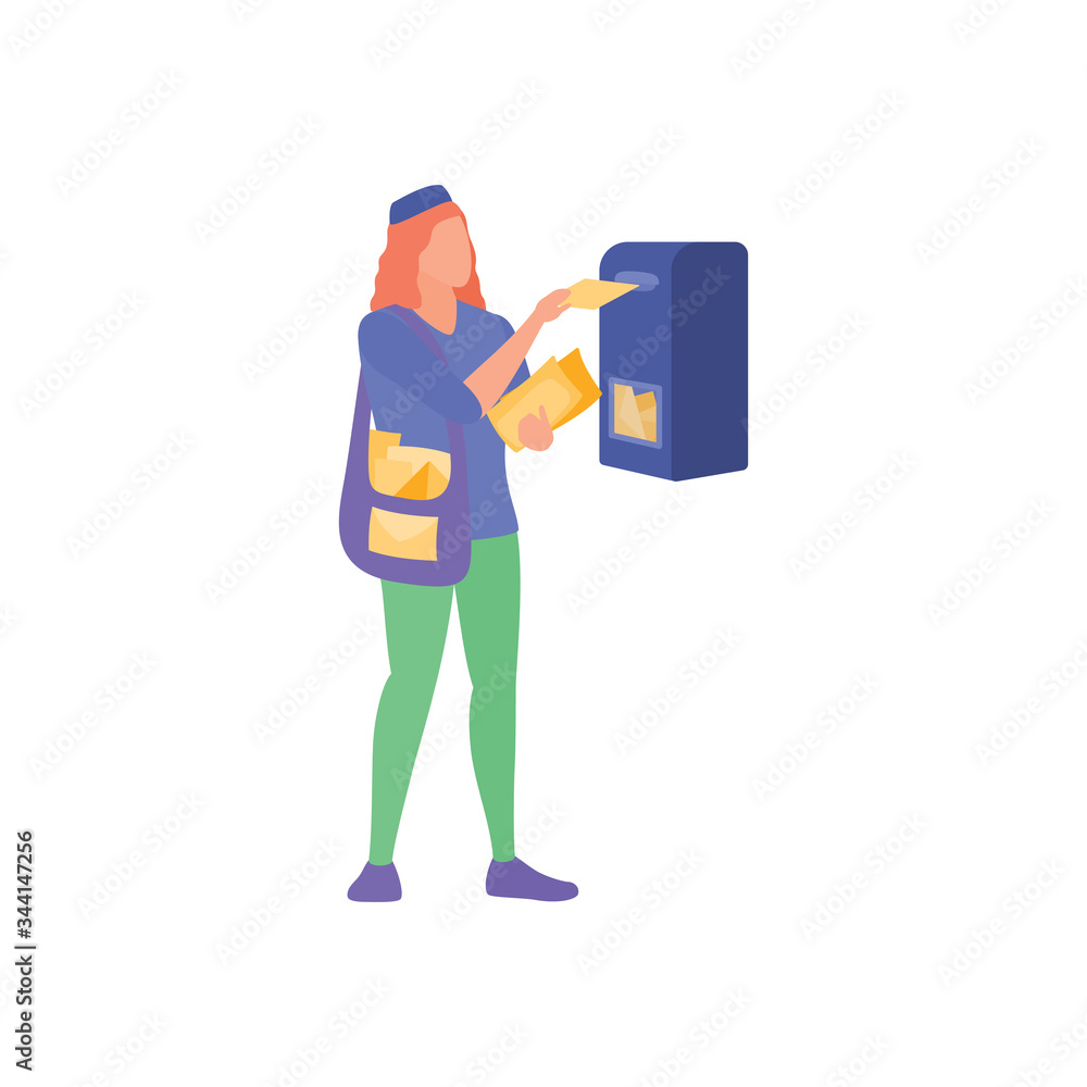 Cartoon woman postman puts letters in the mailbox. Cute female ...