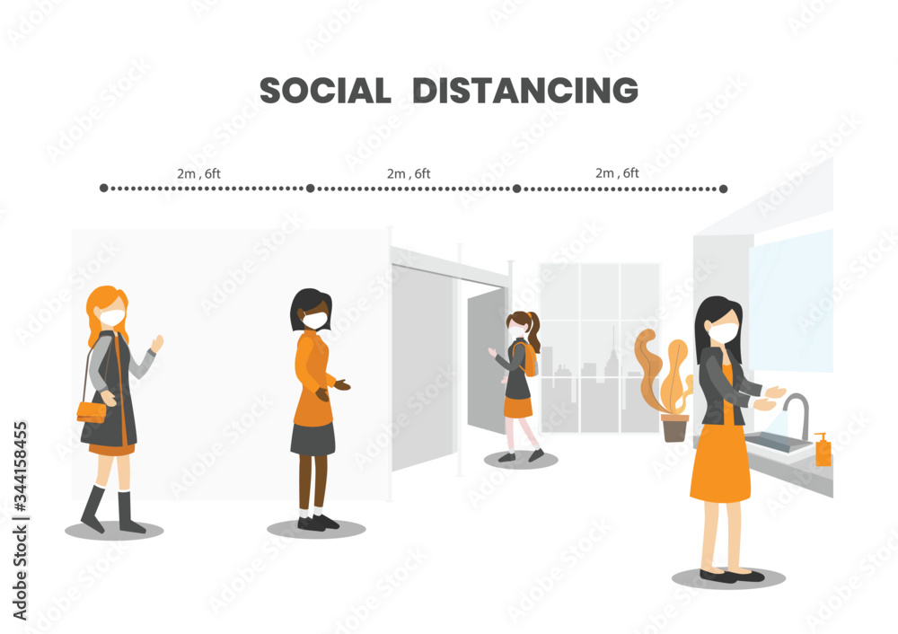 Public female toilet, women wear protective face masks, practice social ...