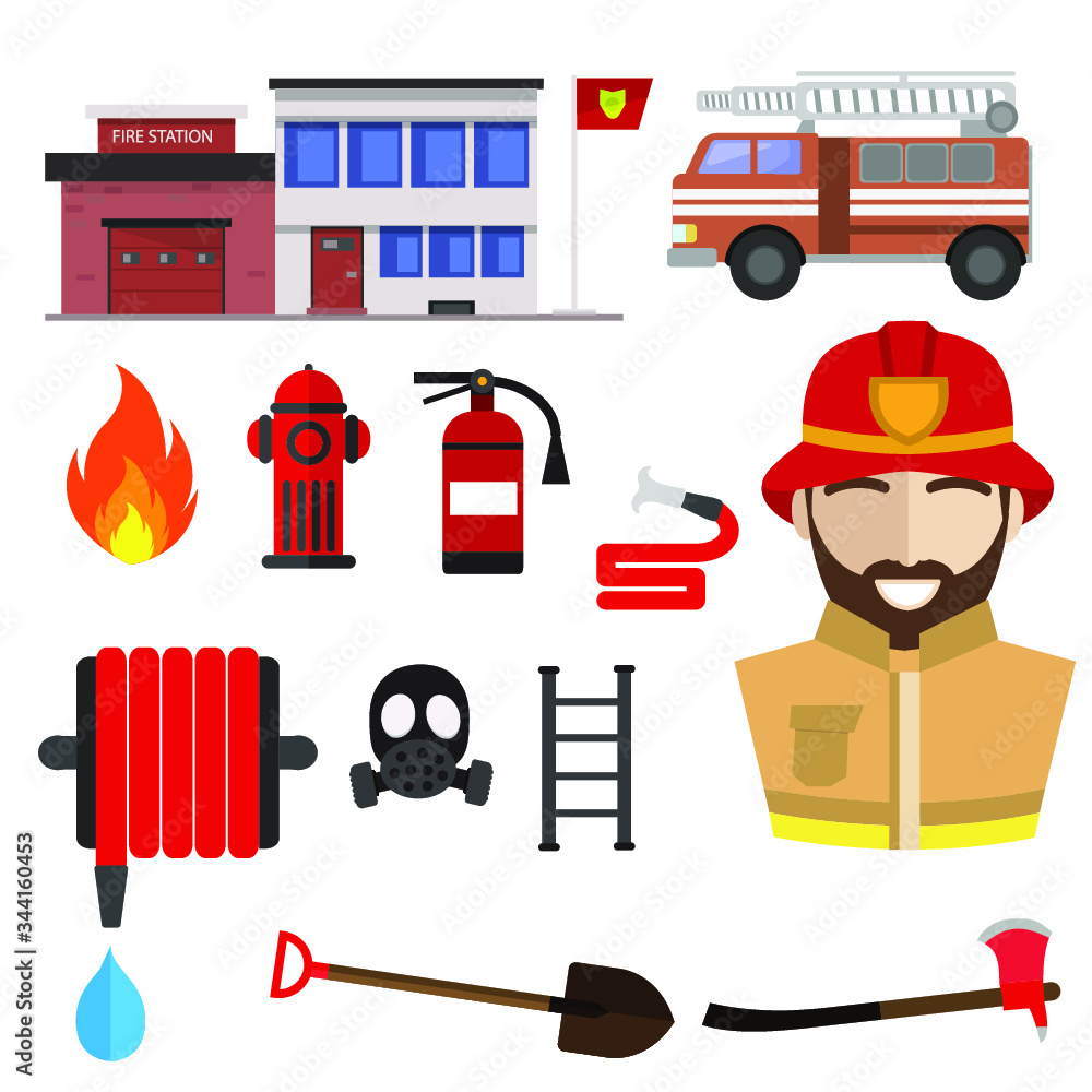 Firefighting icons set vector. Fireghfighter and extinguishing tools ...