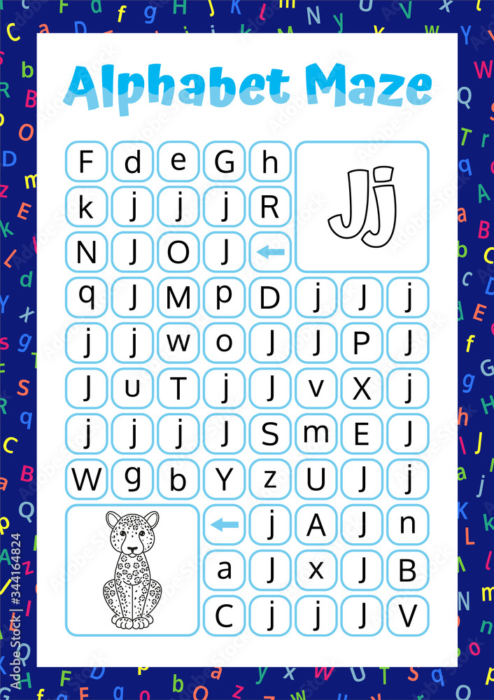 Alphabet Maze. Letter J - Jaguar. Educational Puzzle Worksheet. Vector ...