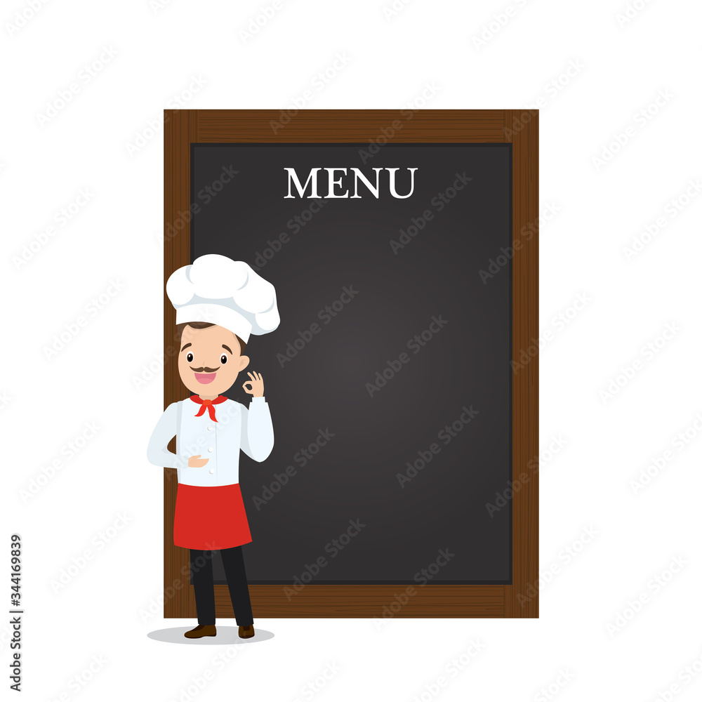Cartoon chef with big empty menu board,master chief-cooker in uniform ...
