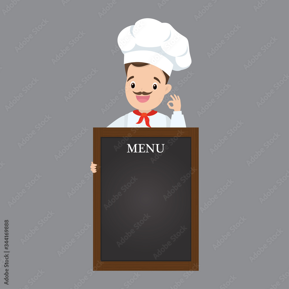 Cartoon chef with menu board template,chief-cooker in uniform, Stock ...
