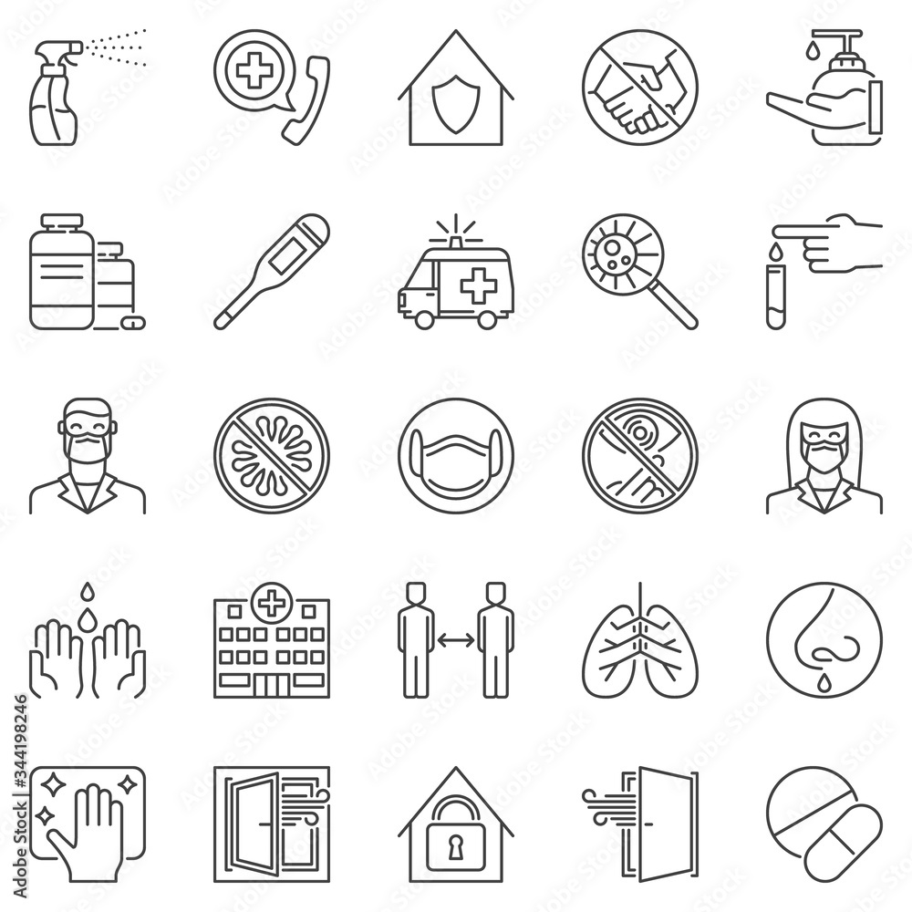 Virus Prevention outline icons set - vector Protective Measures concept ...