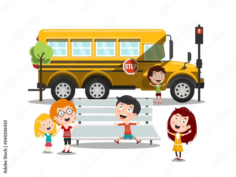 Happy Kids Having Fun on Stop Station with School Bus on Background ...