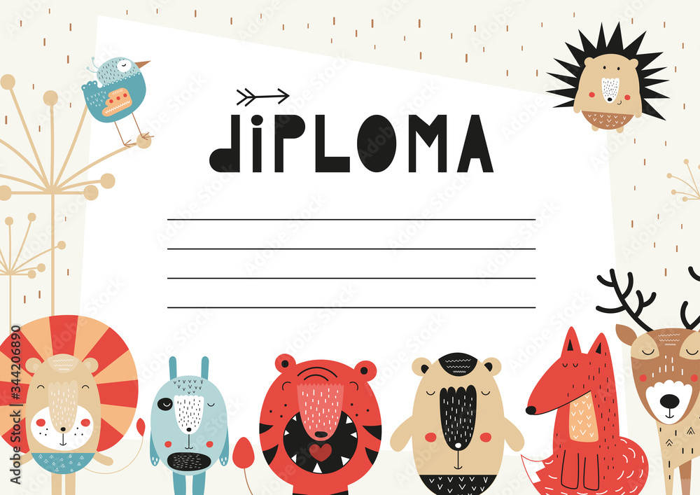 Diploma template with funny scandinavian animals in cartoon style ...
