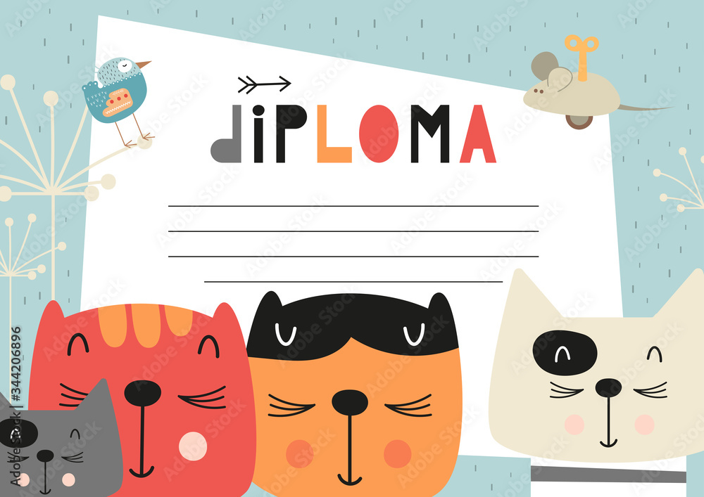 Diploma template with funny cats, bird, mouse toy in doodle cartoon ...